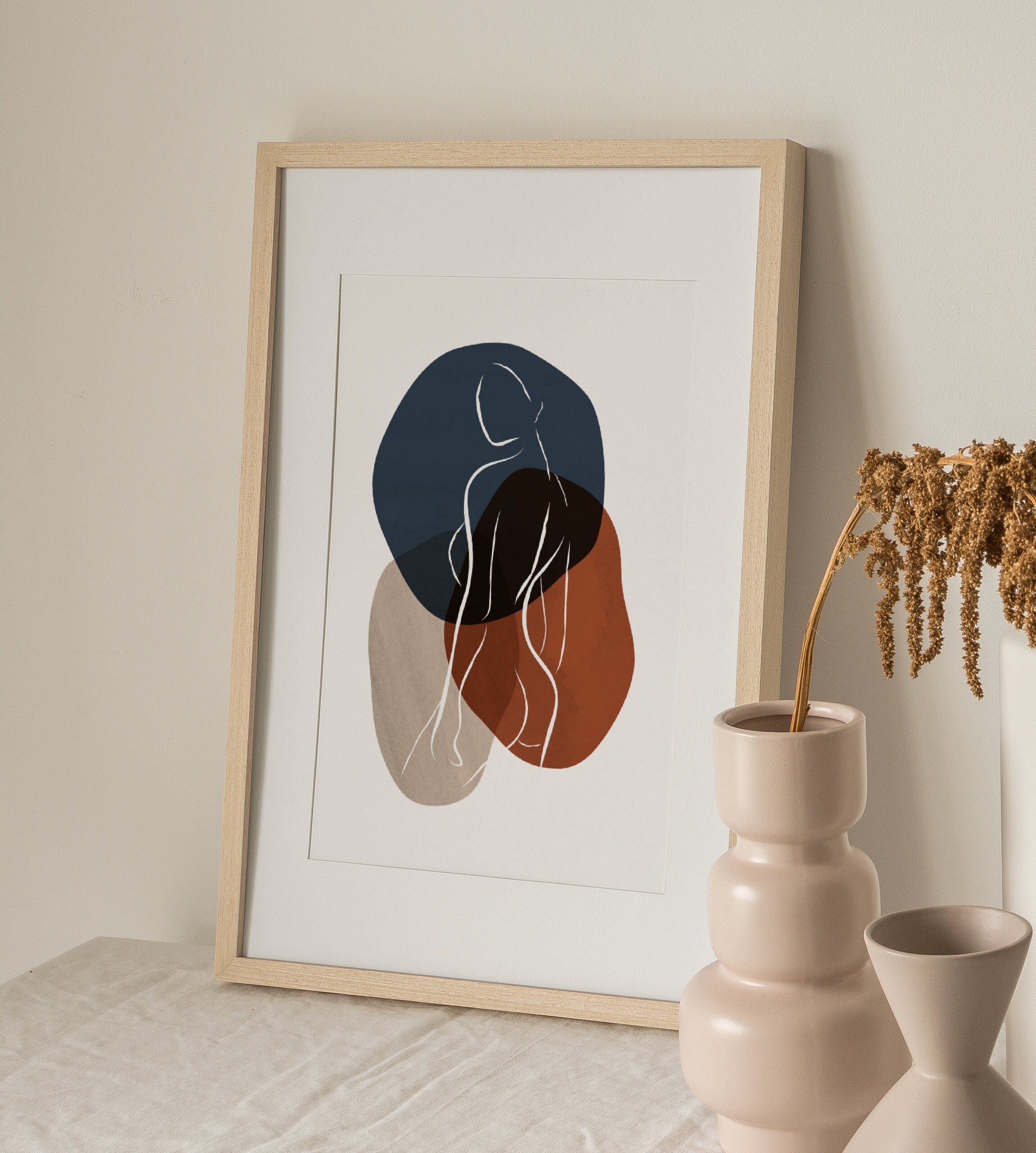 Minimalistic Female Body Print, White Line Art, Beige Blue Wall Decor ...