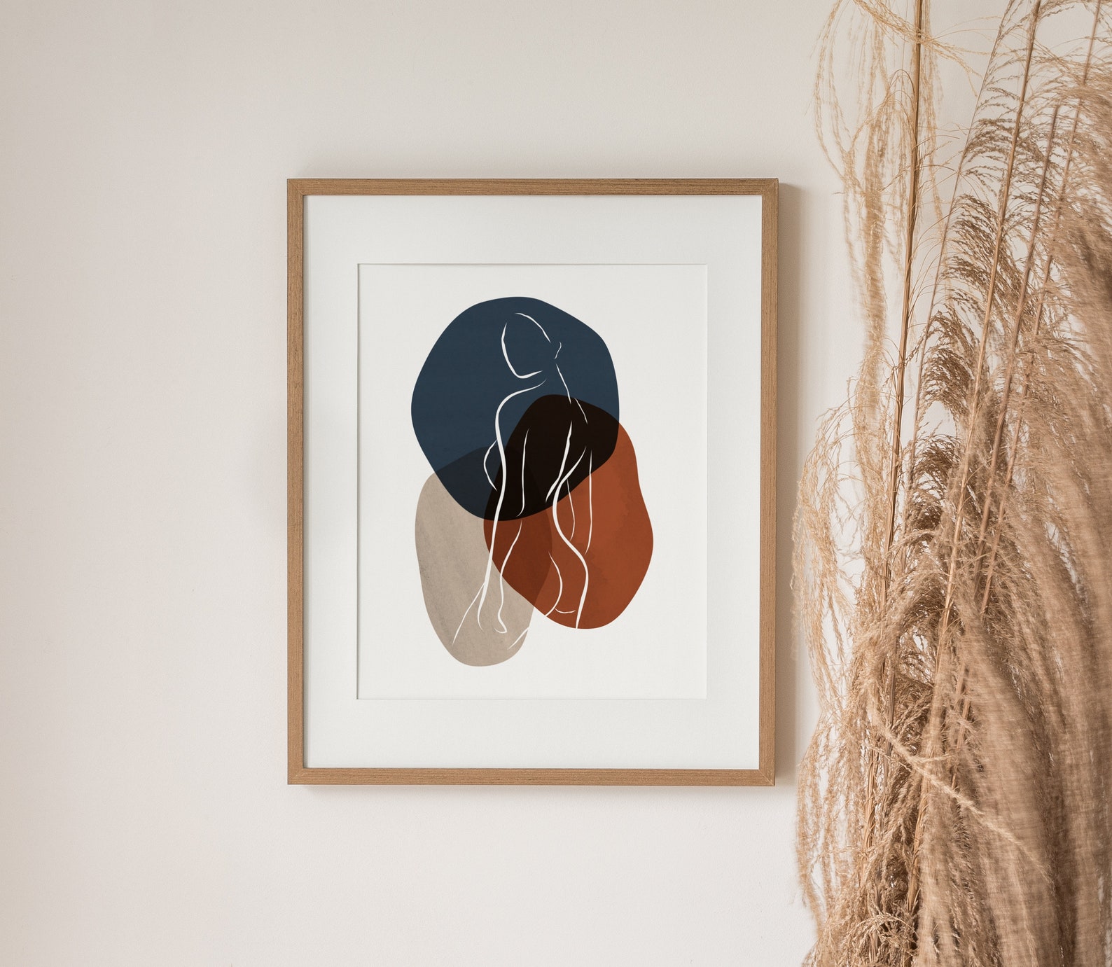 Minimalistic Female Body Print, White Line Art, Beige Blue Wall Decor ...