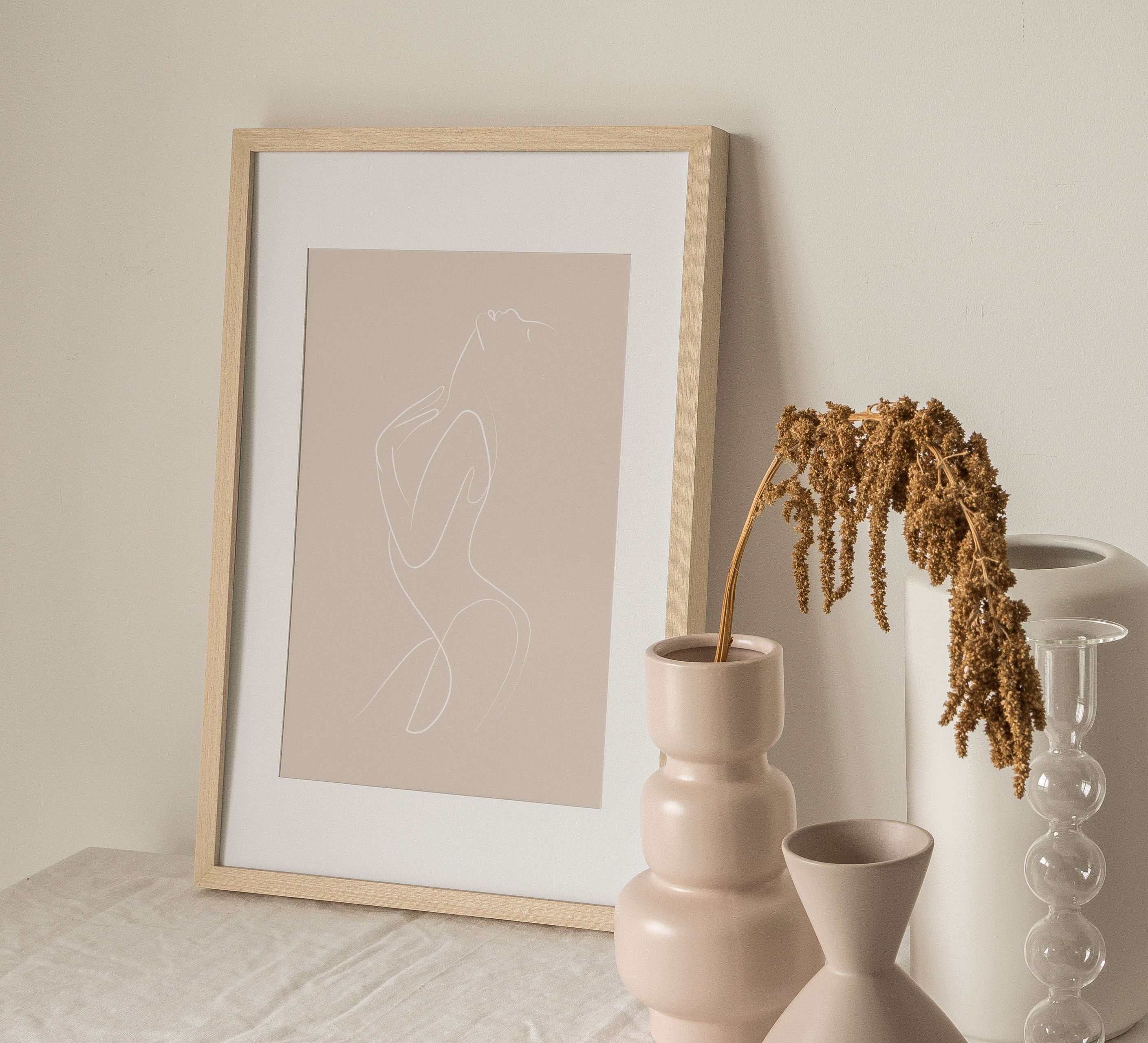 Neutral Minimalist Female Body Line Prints, Beige and White Digital ...