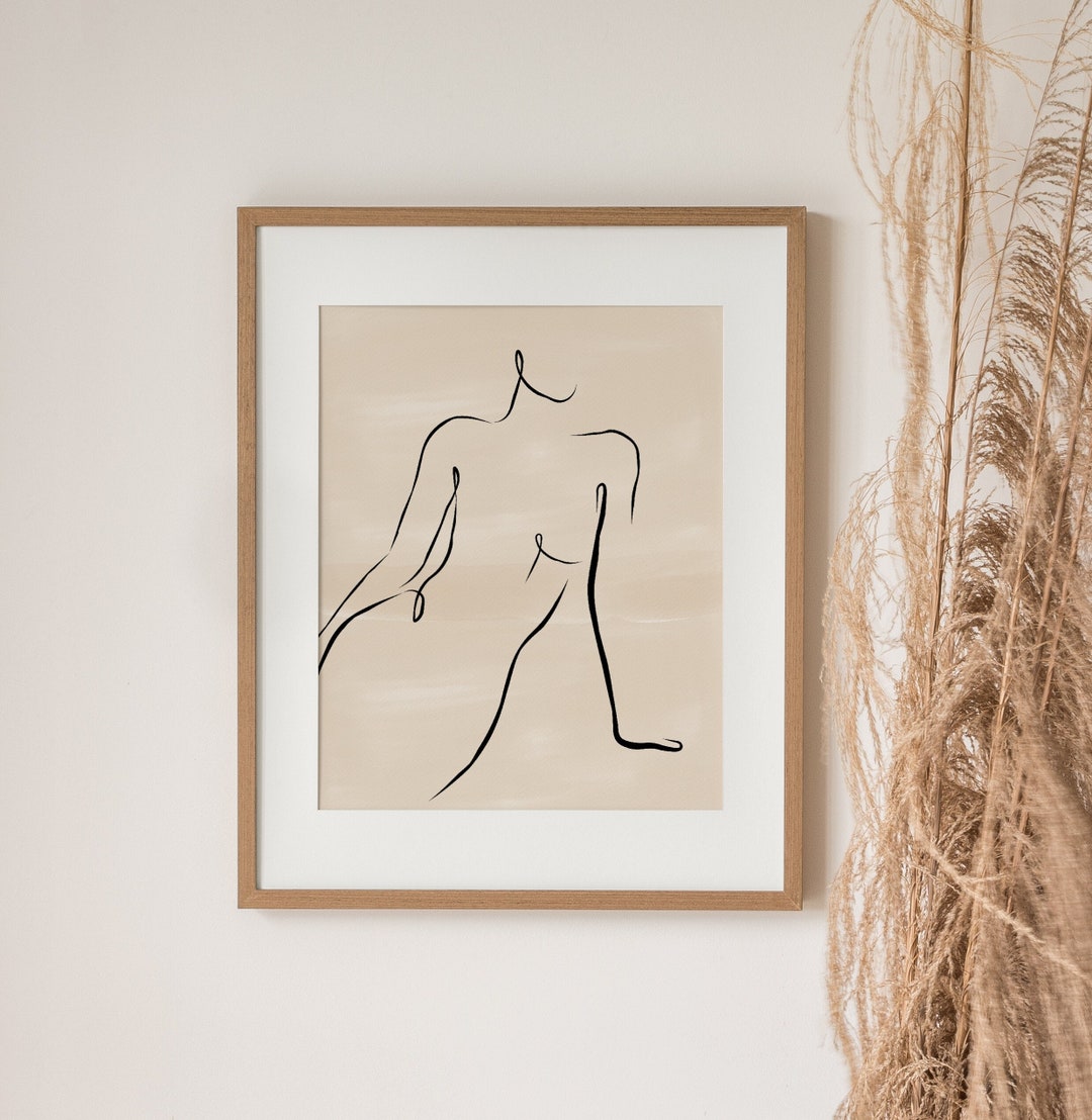 Minimalistic Woman Line Body Art, Printable Black Line Print, Beige ...