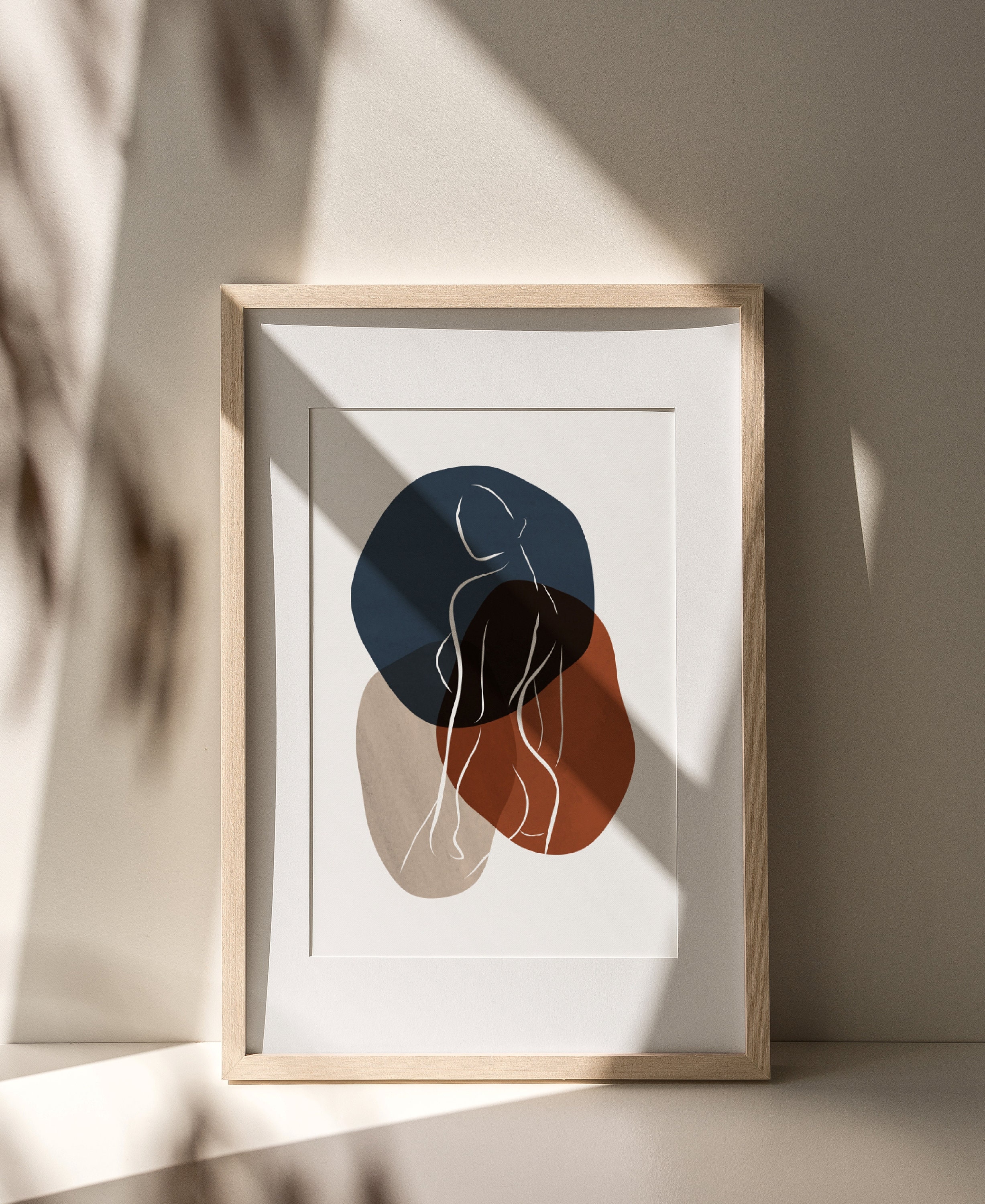 Minimalistic Female Body Print, White Line Art, Beige Blue Wall Decor ...