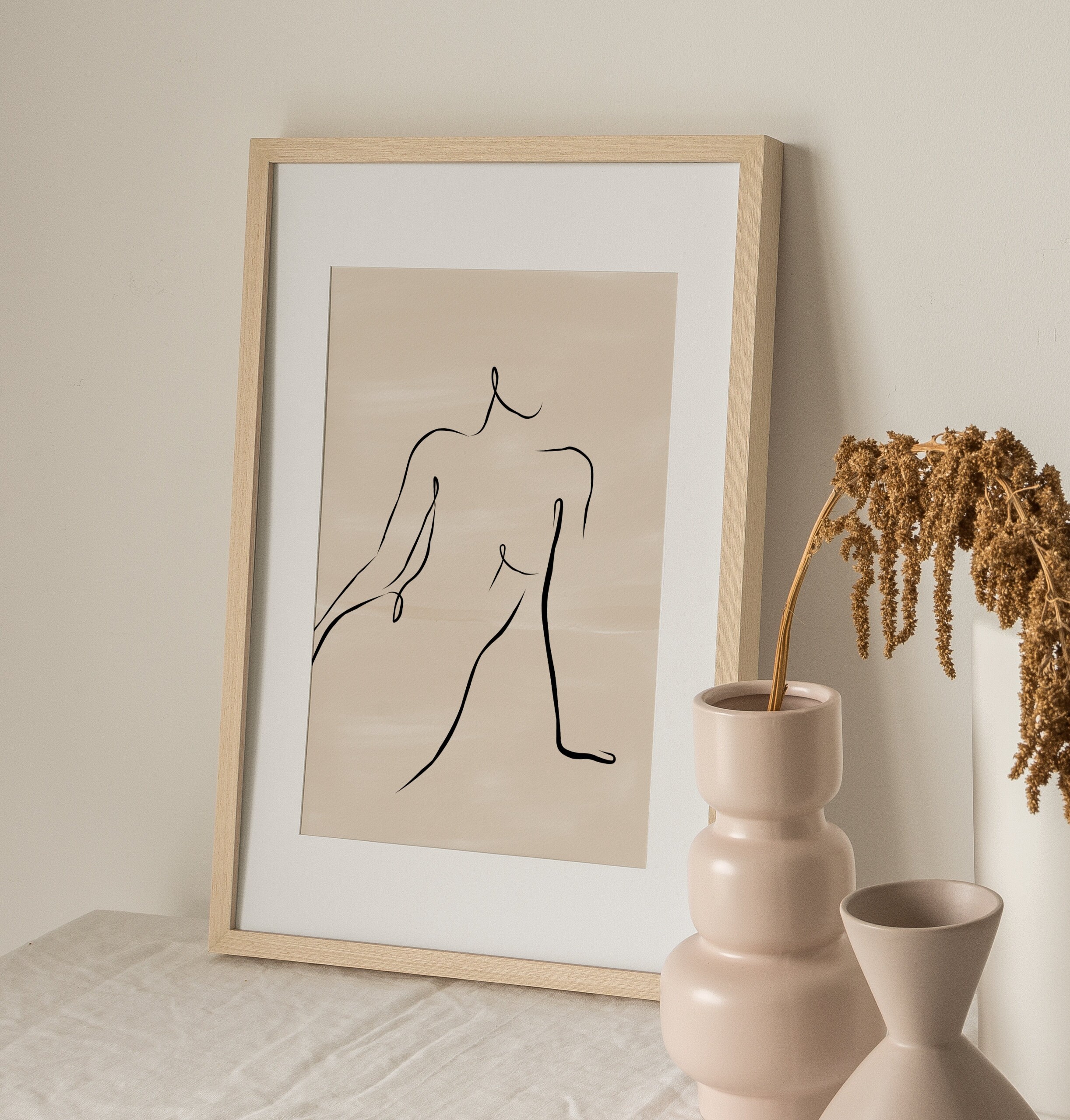 Minimalistic Woman Line Body Art, Printable Black Line Print, Beige ...
