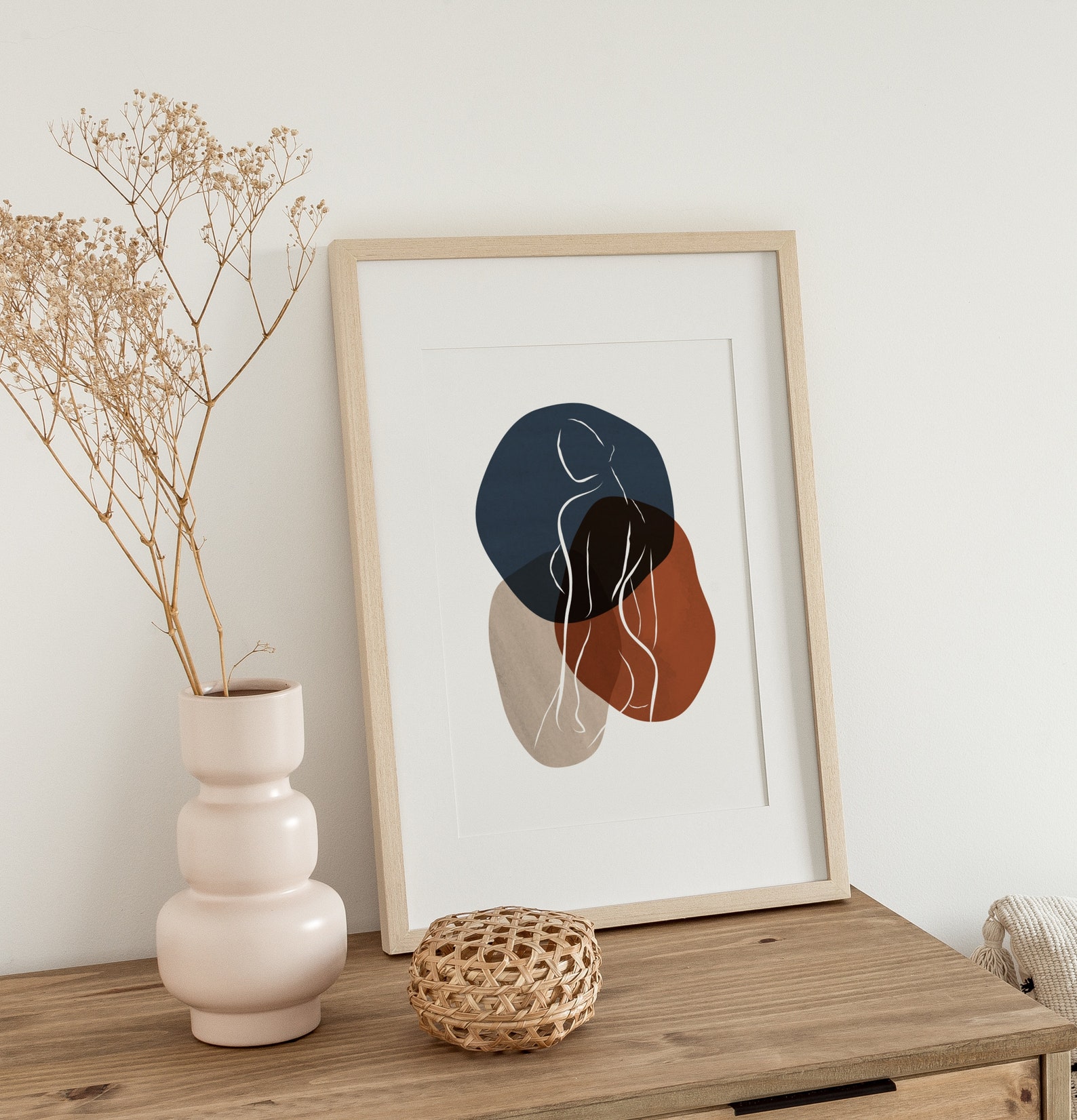 Minimalistic Female Body Print, White Line Art, Beige Blue Wall Decor ...