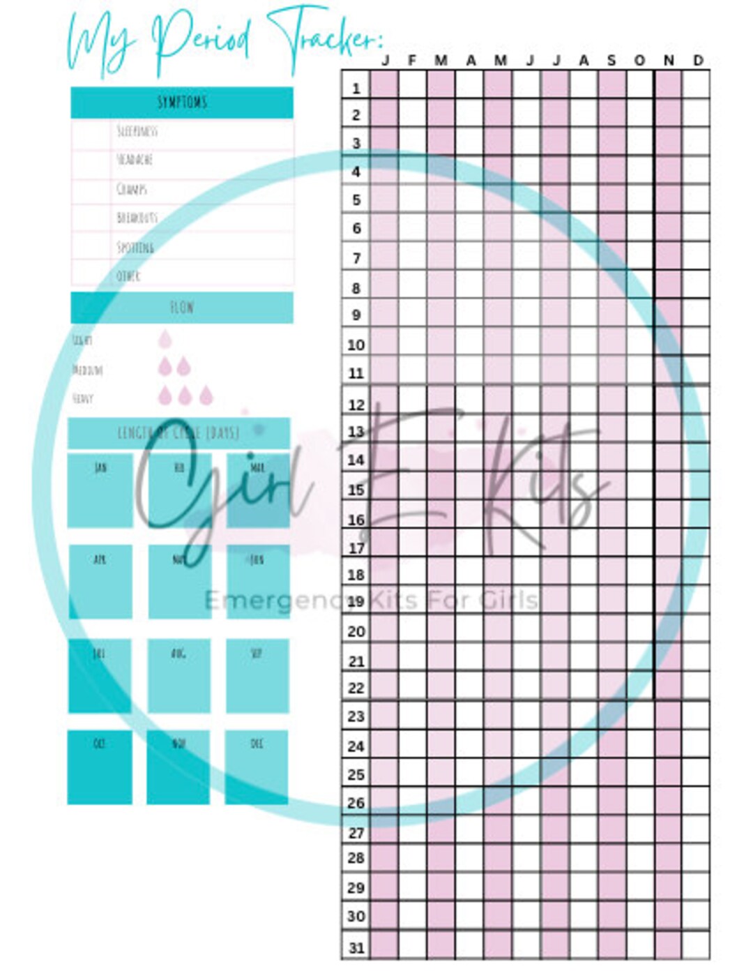 Girls First Period Tracker | Printable | Symptom Tracker | Cycle ...