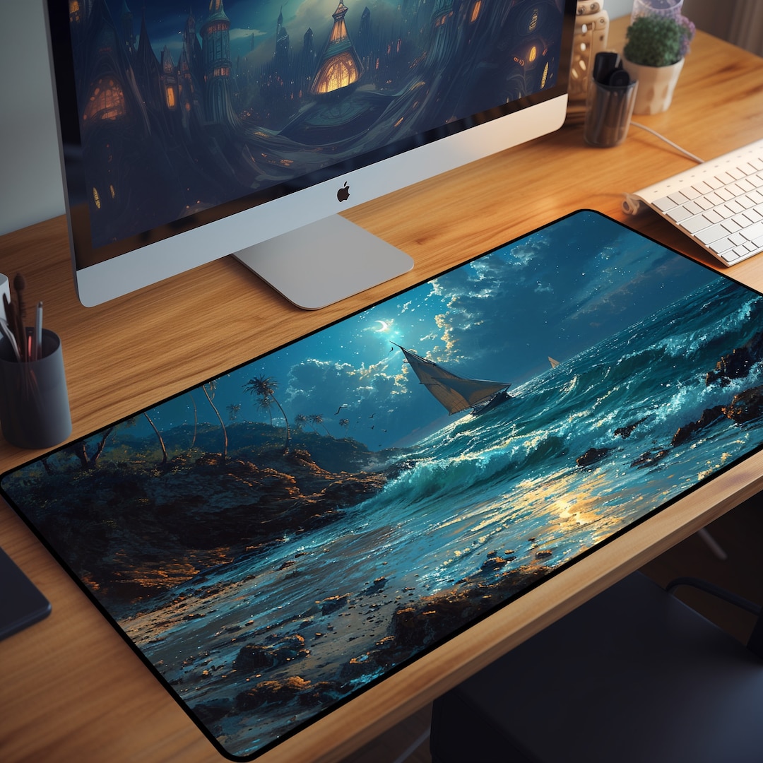 Moonlight Ocean Desk Mat, Sailing Mousepad, Cute Accessories, Aesthetic ...