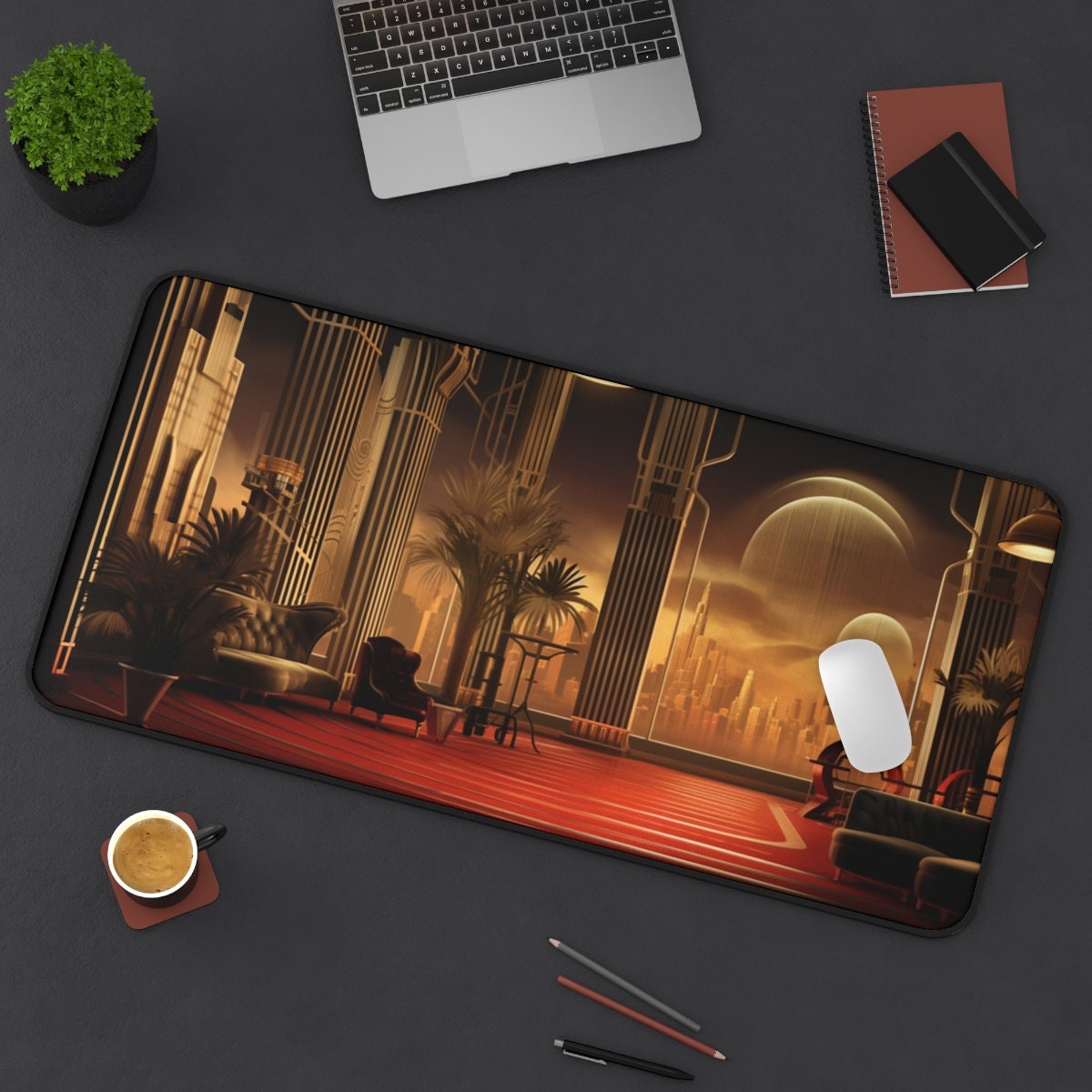 Art Deco City Desk Mat, Gold Red Mousepad, Cute Accessories, Aesthetic ...