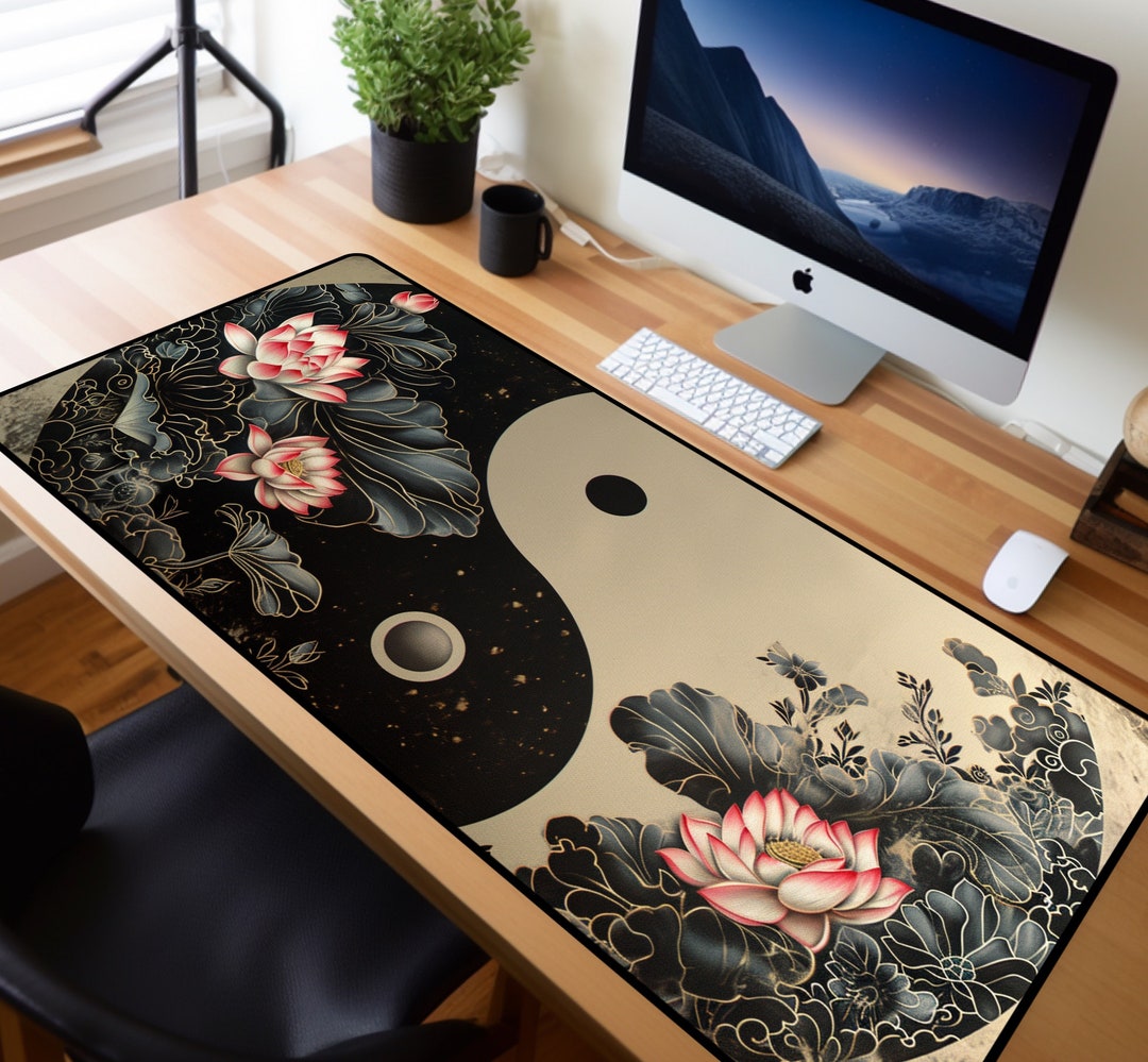 Yin Yang Desk Mat, Pink Flowers Mousepad, Cute Accessories, Aesthetic ...