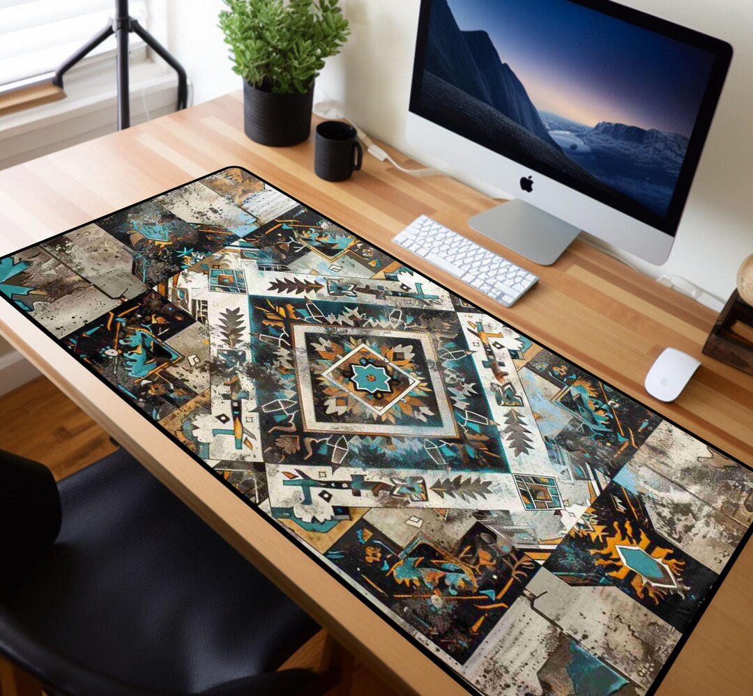 Western Rug Desk Mat, LED Brown Blue Mousepad, Cute Accessories ...