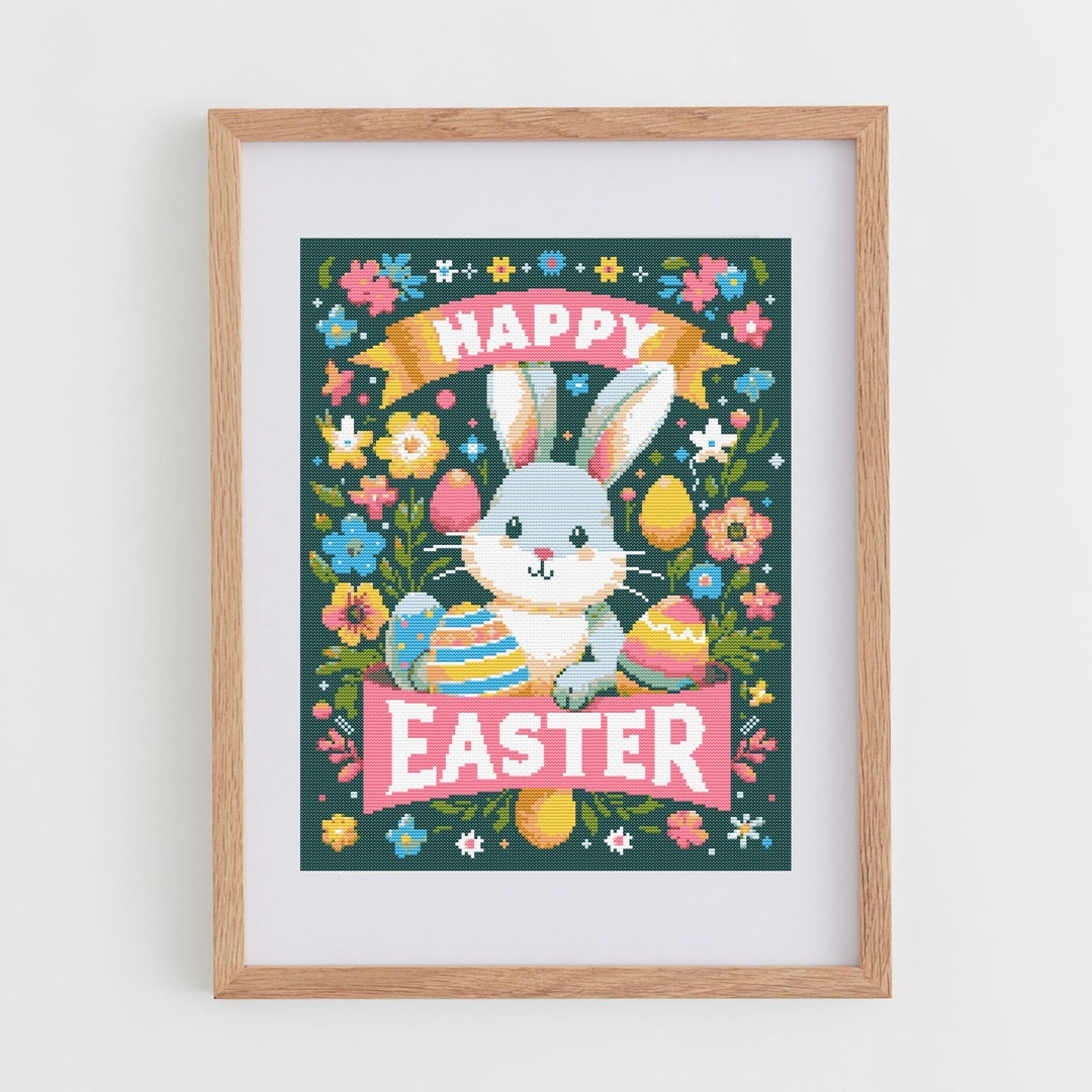 Happy Easter Cross Stitch With Bunny & Eggs | Easter Poster Cross ...