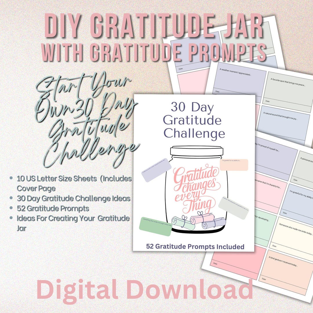 DIY Gratitude Jar, Gratitude Prompt Cards, 30 Day Gratitude Challenge ...