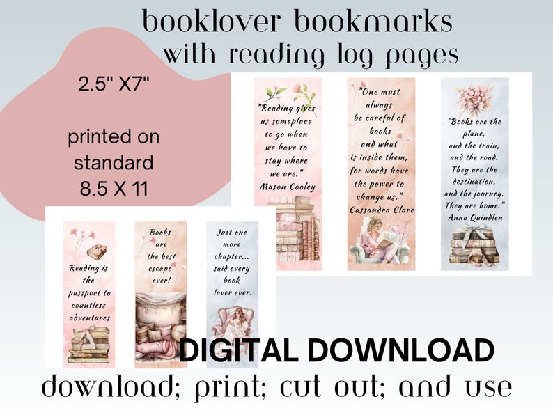 Booklovers Printable Bookmarks With Bonus Reading Log I 6 Printable ...