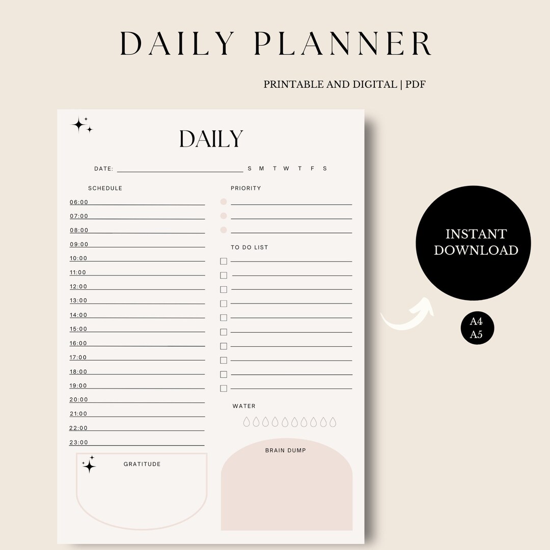 24 Hour Simple Daily Planner Printable, ADHD Daily Planner, Minimal ...