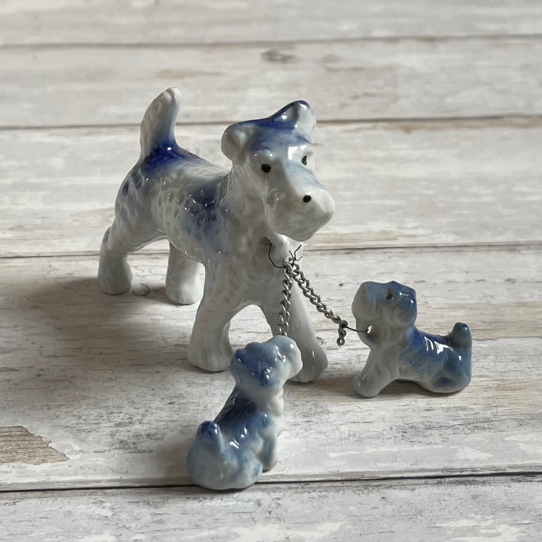 Vintage Ceramic Schnauzer and Puppies - Blue and White Ceramic Dog and ...