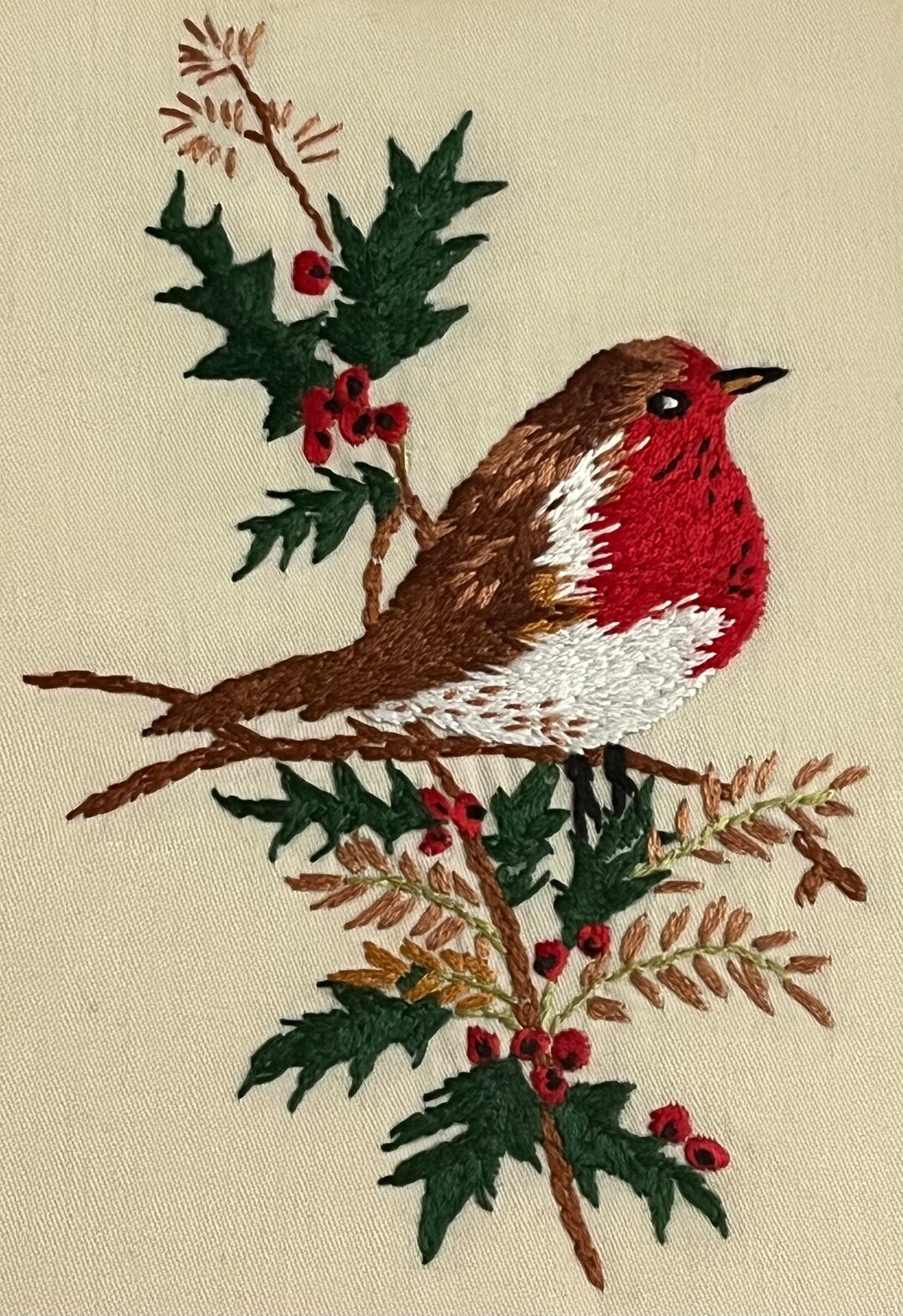 Vintage Framed Embroidery Robin on Holly Branch - Etsy