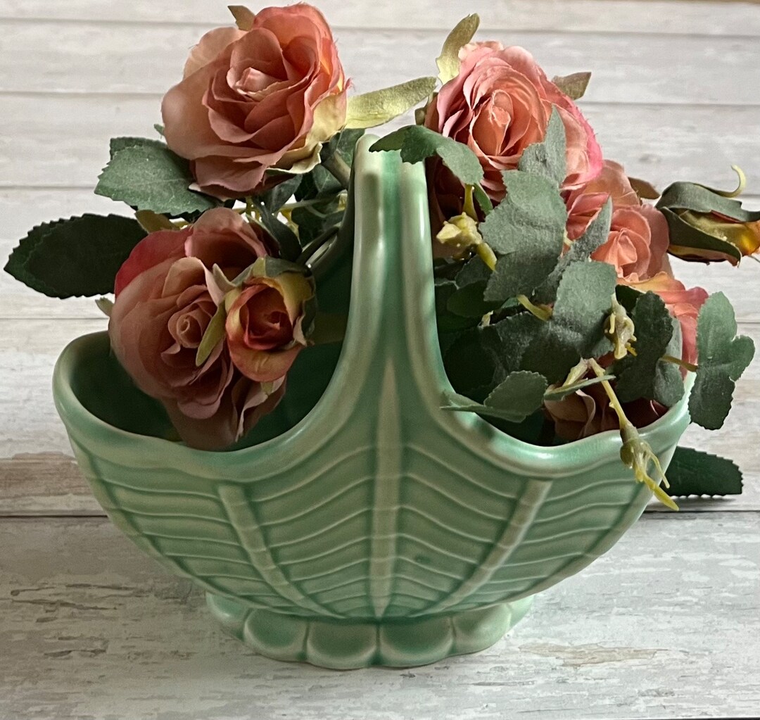 Avon Art Ware Pottery Green Basket Vase - Etsy