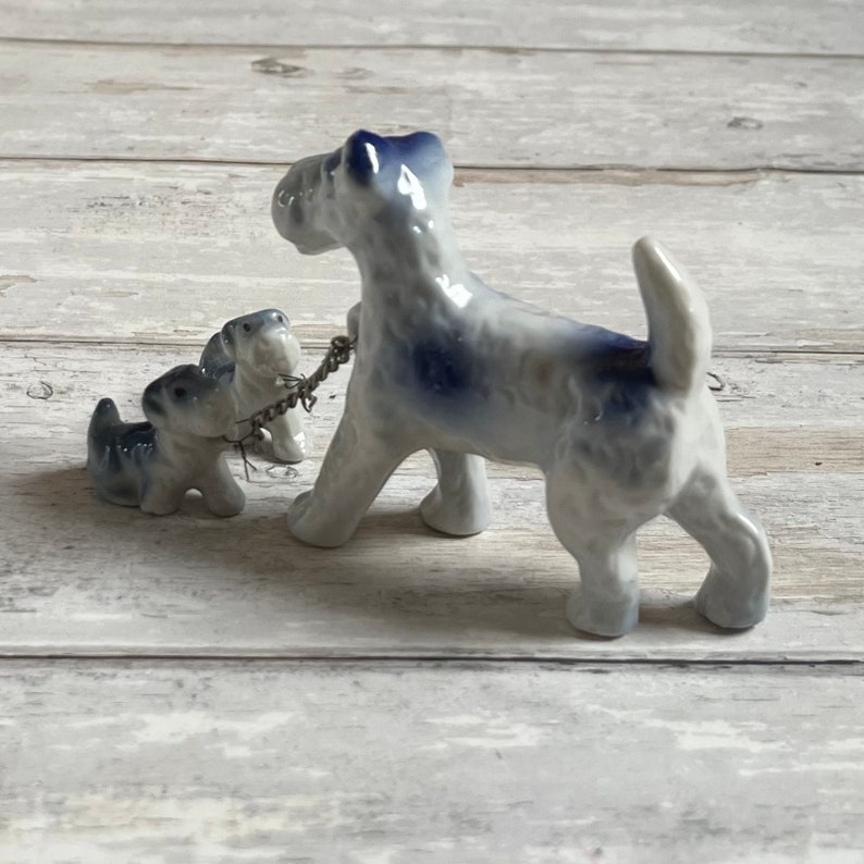 Vintage Ceramic Schnauzer and Puppies - Blue and White Ceramic Dog and ...