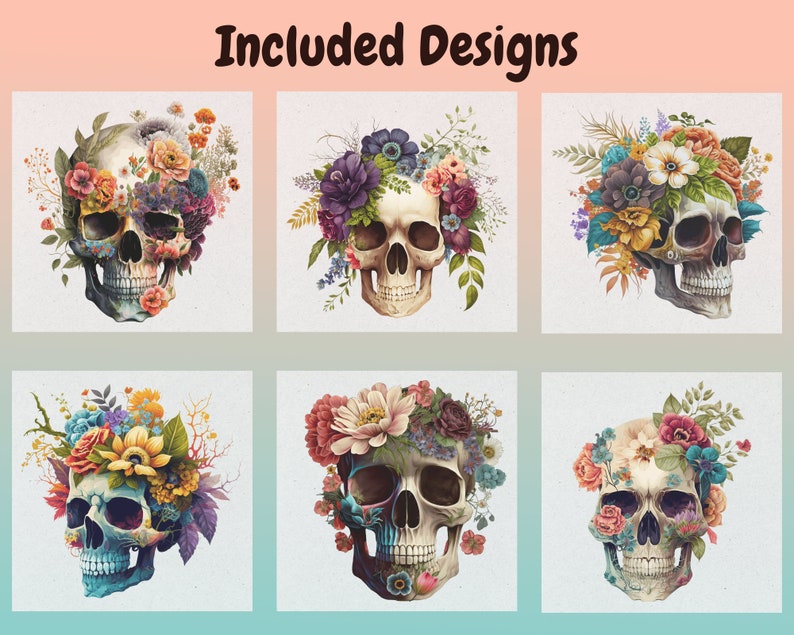 Floral Skull PNG Bundle Skull Clipart Skeleton Designs - Etsy