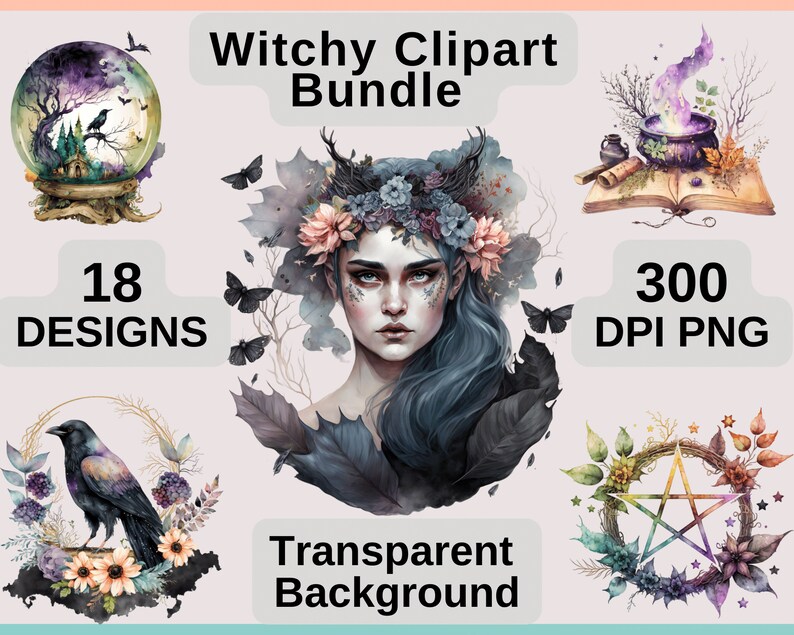 Witchy Clipart Bundle, Magical Witch PNG, Witchy Book Design, Witch ...