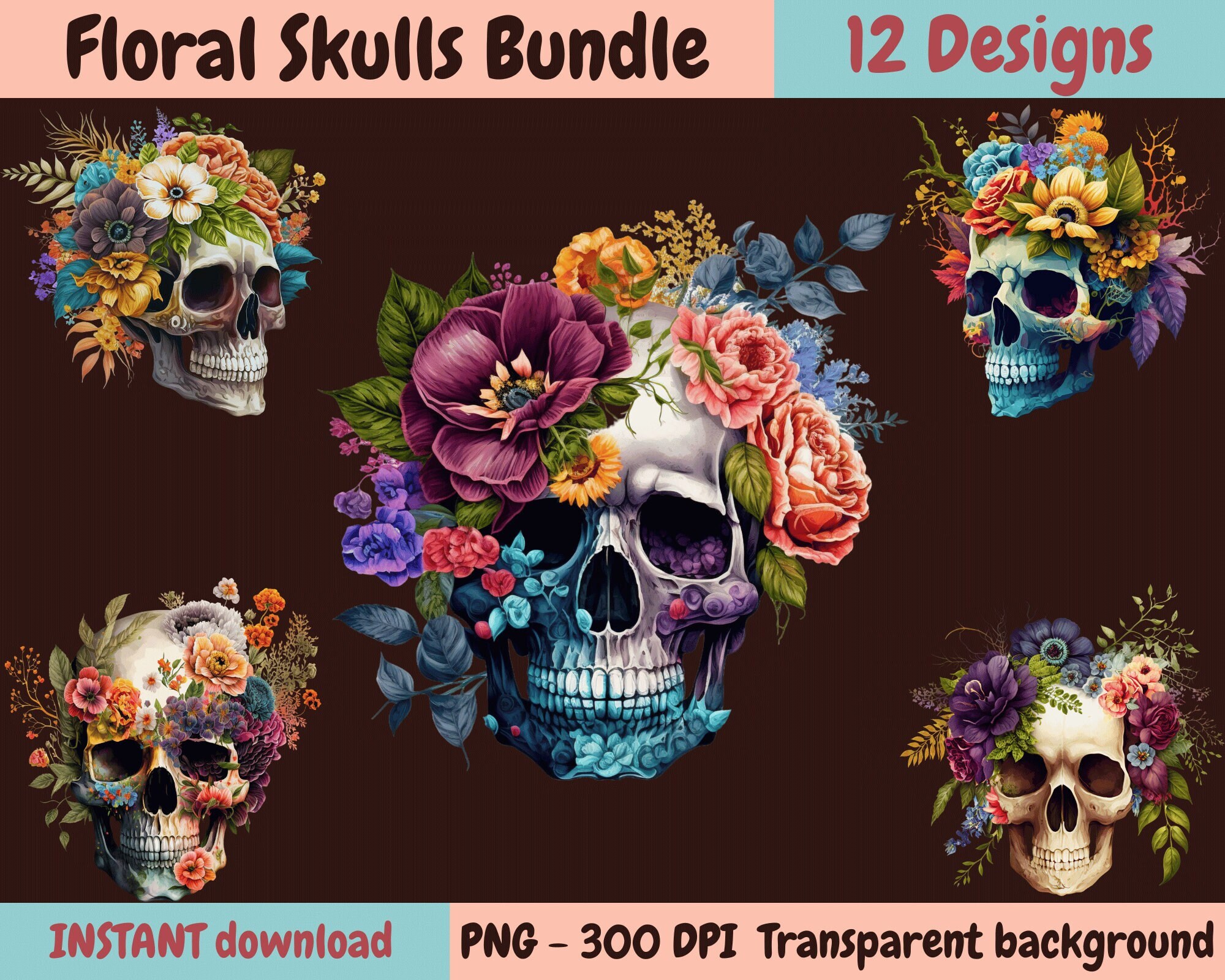 Floral Skull PNG Bundle Skull Clipart Skeleton Designs - Etsy