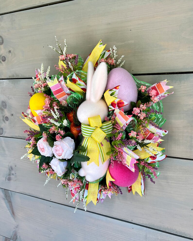 White Flocked Easter Bunny Wreath Easter Wreath for Front Door Front ...
