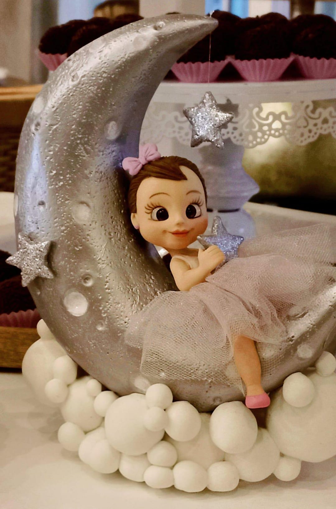 Baby Girl Moon Cake Topper – Sleeping on Moon, Customizable Clay ...