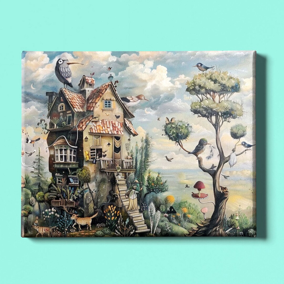 Enchanted Cottage and Whimsical Birds Canvas Art - Rustic Home Decor ...