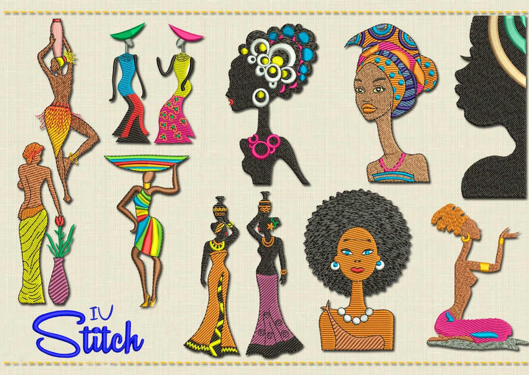 African Women Set Embroidery Designs, 3 Sizes, 10 Designs, Multiformat ...