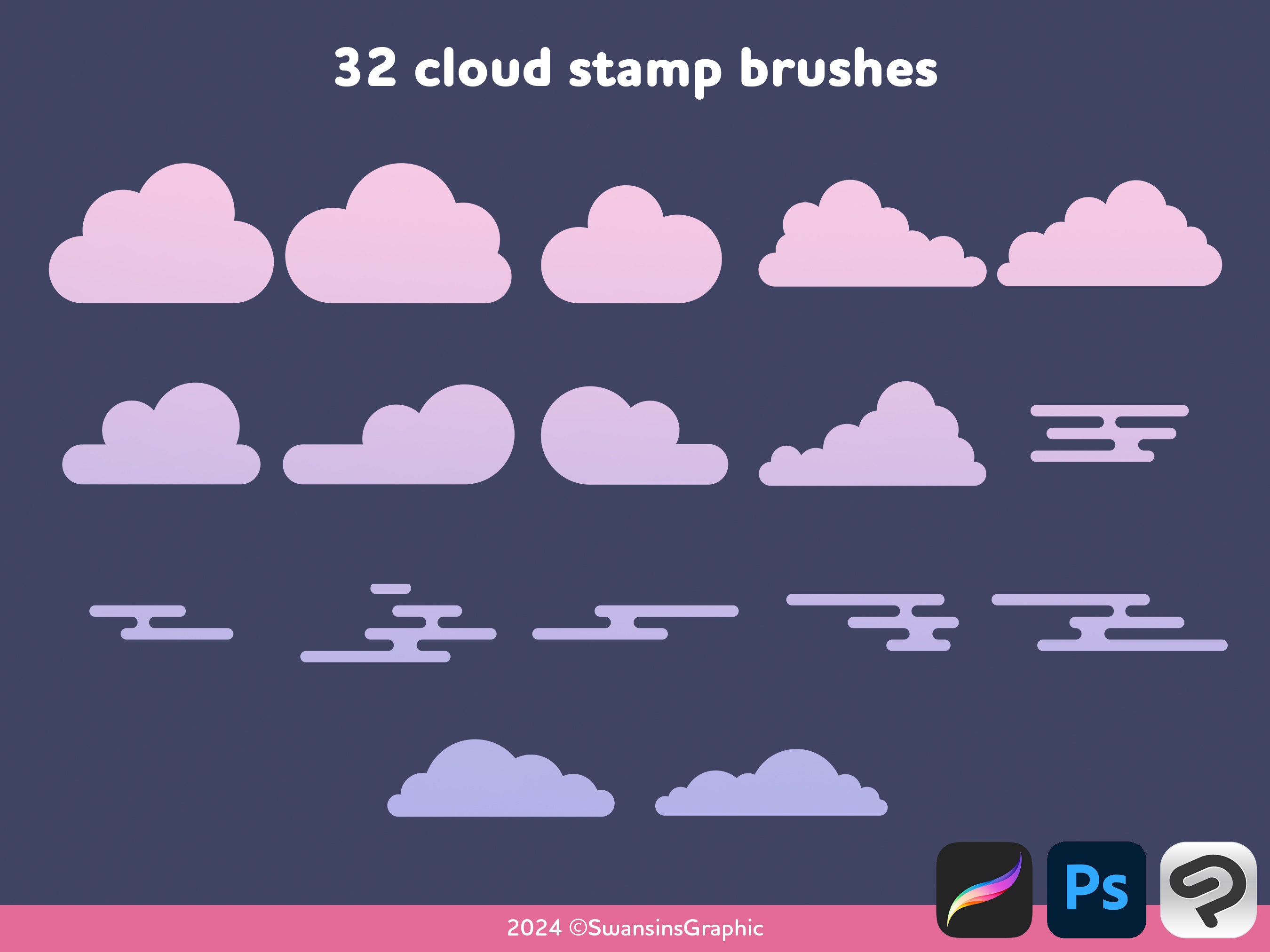 32 Cloud Stamp Brushes - Cute Simple Comic Shapes - Decoration Elements ...
