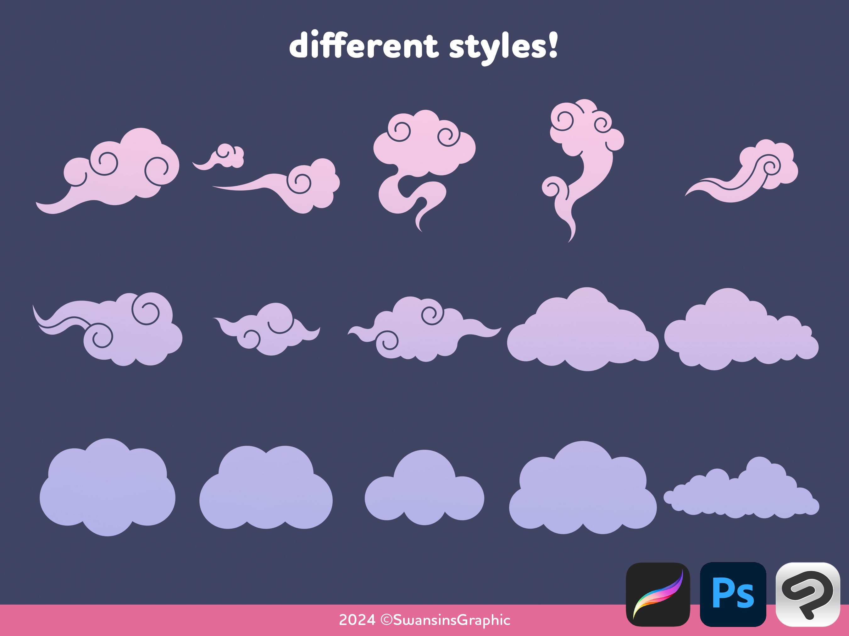 32 Cloud Stamp Brushes Cute Simple Comic Shapes Decoration Elements for Procreate, Photoshop or ...