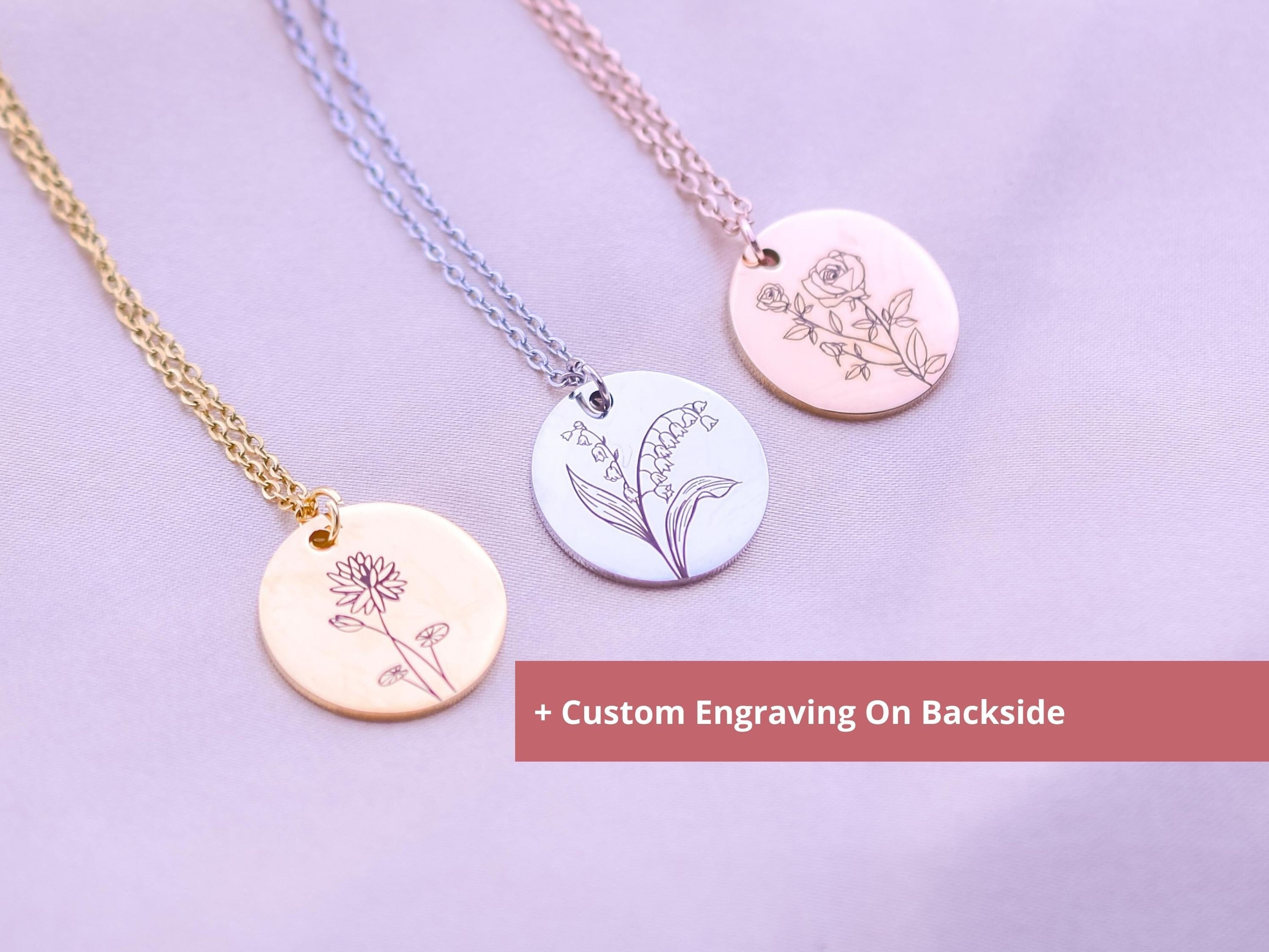 Personalized Birth Flower Necklace Engraved Necklace - Etsy