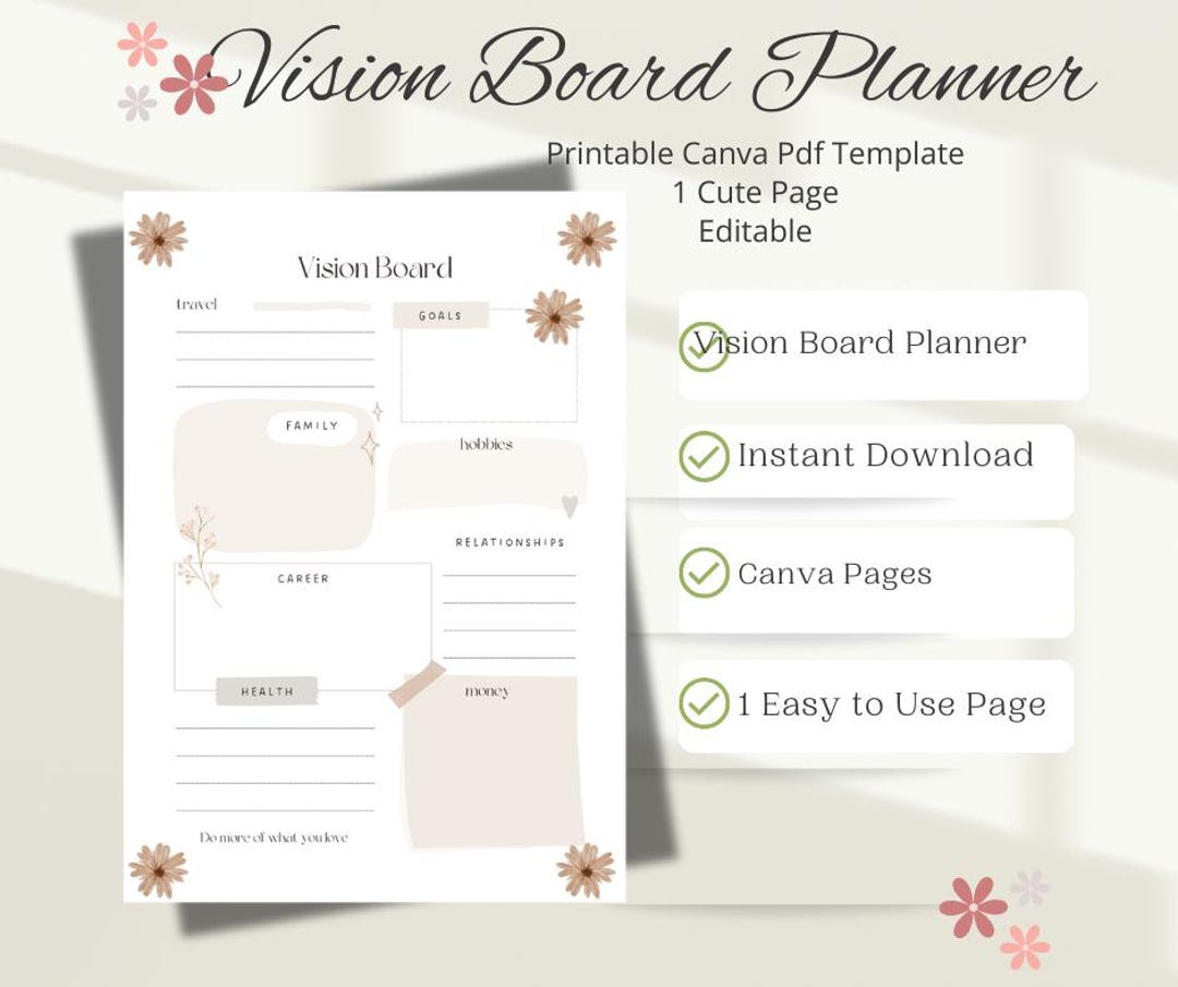 Vision Board Planner Digital Download | Editable in Canva | One-page ...