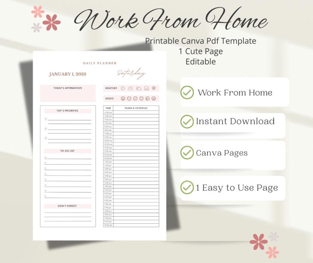 Work From Home Planner | Printable Daily Planner | Productivity Planner ...