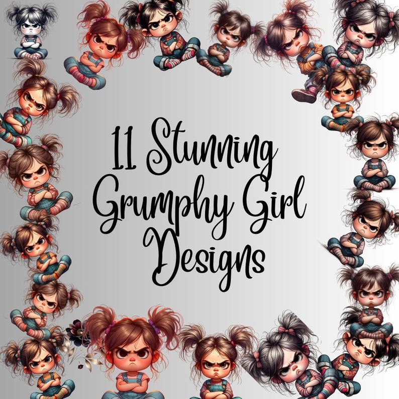 Grumpy Girl Clipart Set | 11 PNG Files | Cute Angry Girl Digital ...