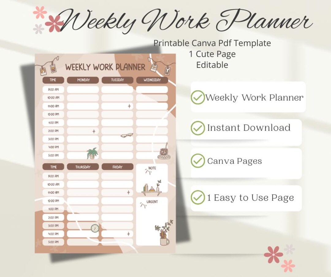 Weekly Work Planner Digital Download | 1-page Printable Organizer ...