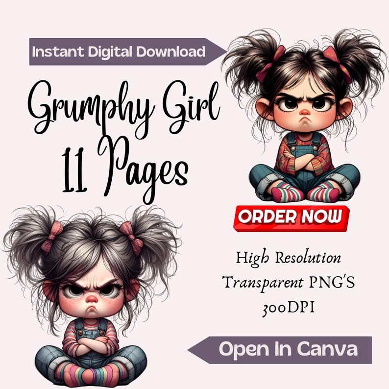 Grumpy Girl Clipart Set | 11 PNG Files | Cute Angry Girl Digital ...