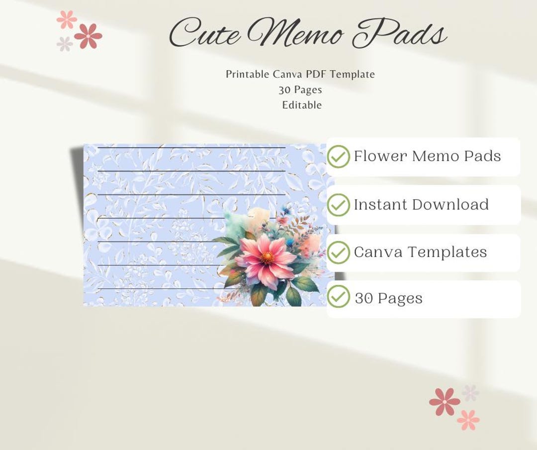 30 Peony Flower Memo Pads | Editable in Canva | Pretty Printable Notes ...