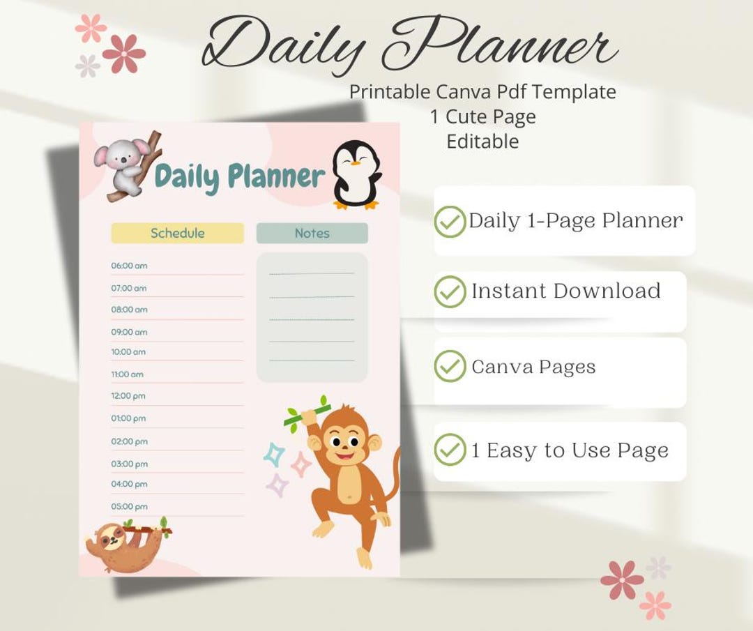 Cute Animal Daily Kids Planner | Printable Digital Download | Fun ...