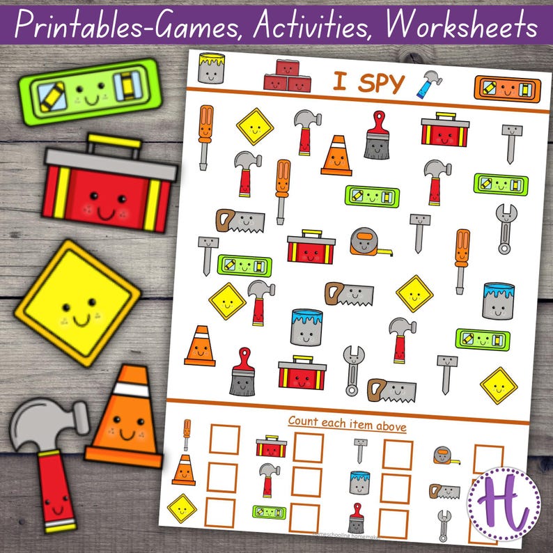 Construction I Spy for Kids, Homeschool Activities, Counting Worksheet ...