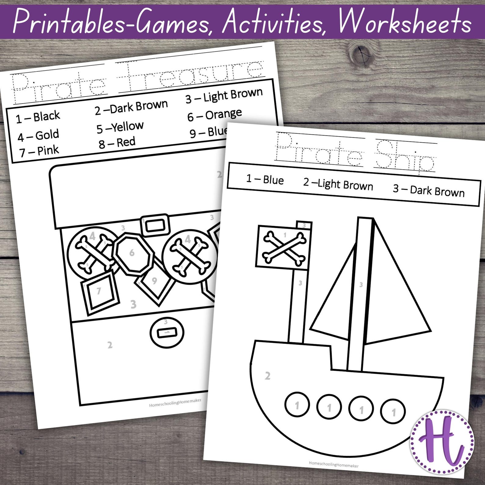 Pirate Theme Color by Number Worksheets With Letter Tracing, Kids ...