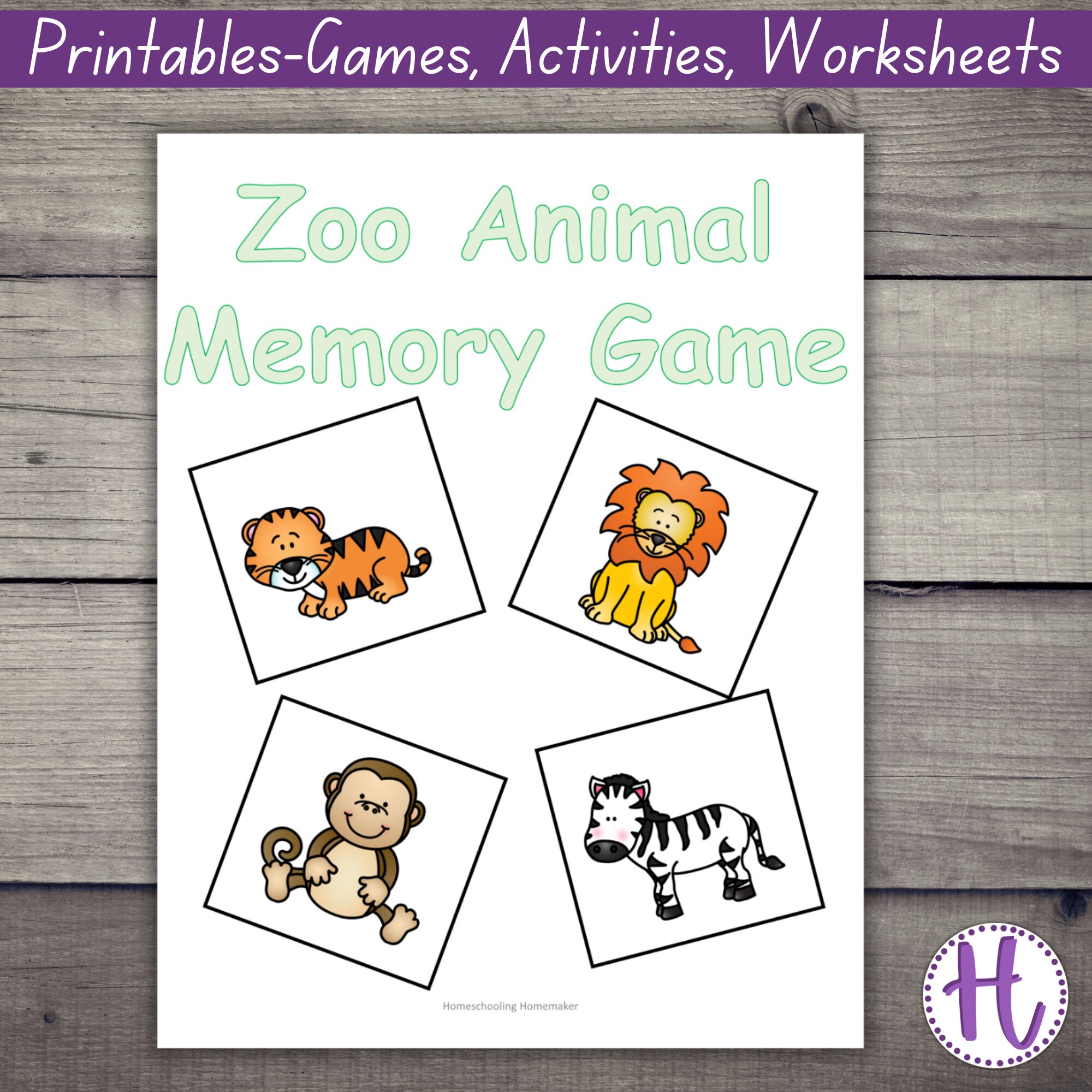 Zoo Animal Memory Game for Kids, Printable Activities, Matching Card ...