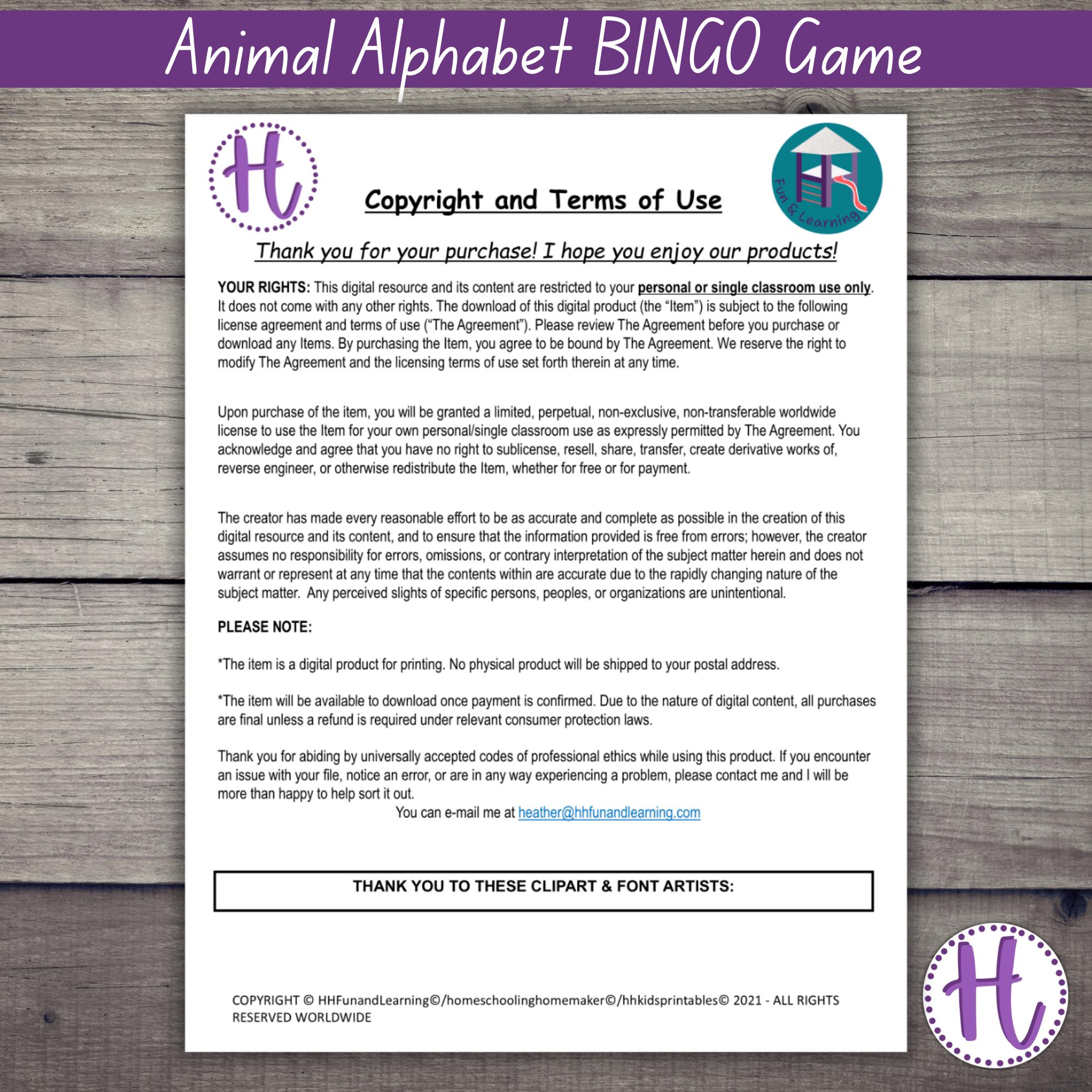 Animal Alphabet Bingo Printable Game for Kids, ABC BINGO, Learning Game ...