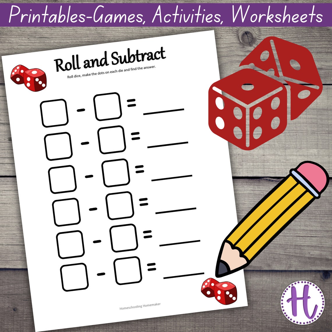 Roll and Subtract Math Practice Worksheet| Printable Math Game for Kids ...