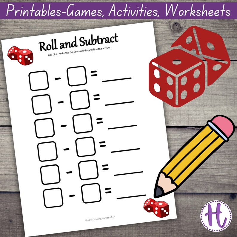 Roll and Subtract Math Practice Worksheet for Kids, Kindergarten ...