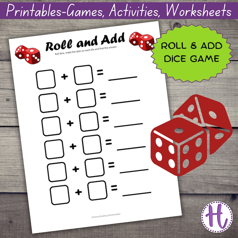 Roll and Add Math Practice Worksheet for Kids, Kindergarten, Elementary ...