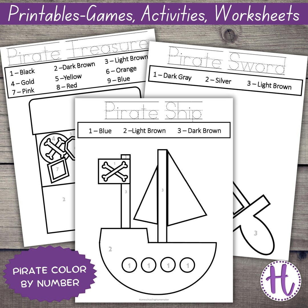 Pirate Theme Color by Number Worksheets With Letter Tracing for Kids in ...