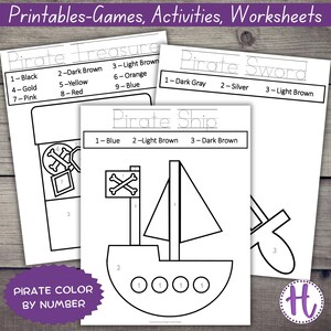 Pirate Theme Color by Number Worksheets With Letter Tracing for Kids in ...