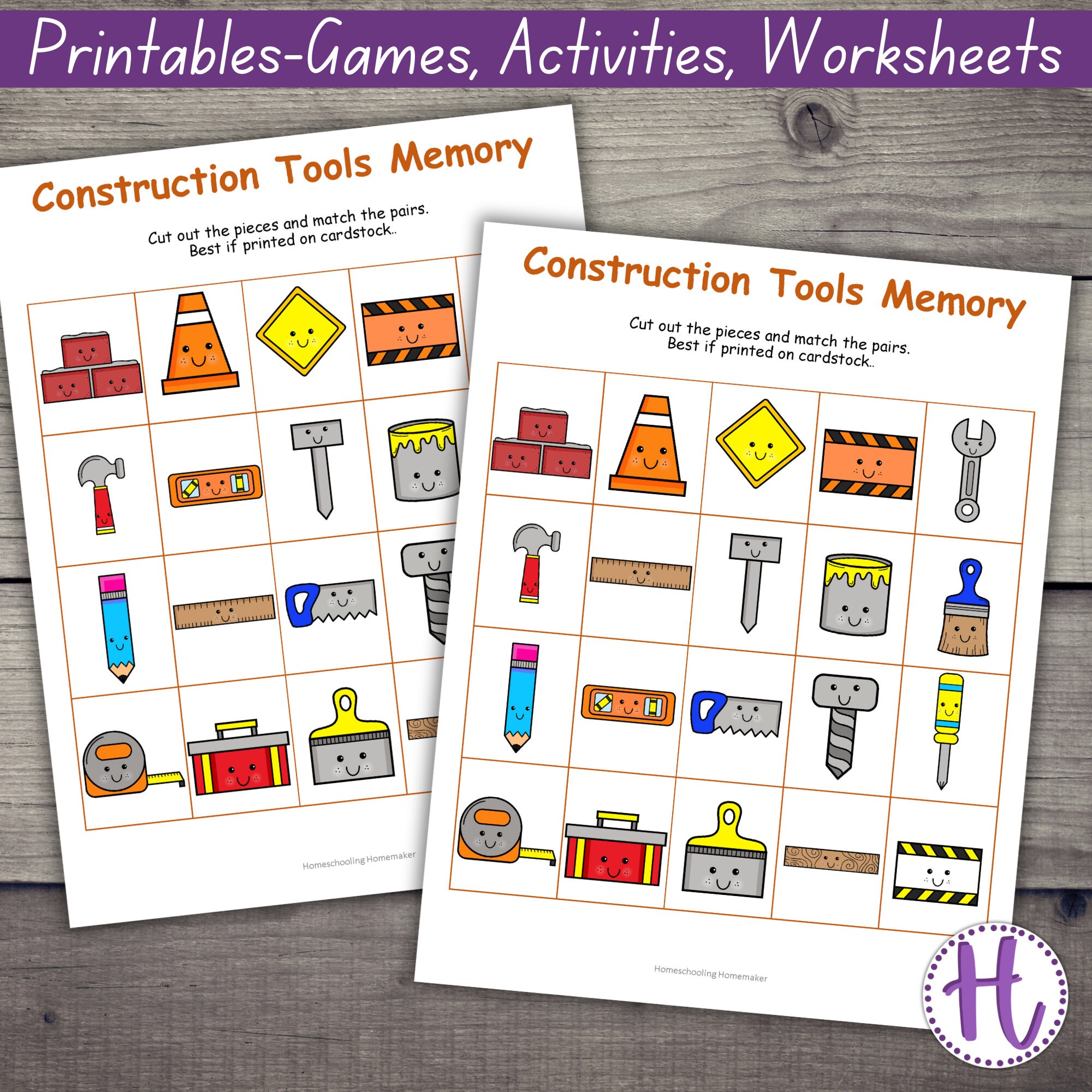 Construction Tools Memory Game for Kids, Kindergarten, Preschool ...
