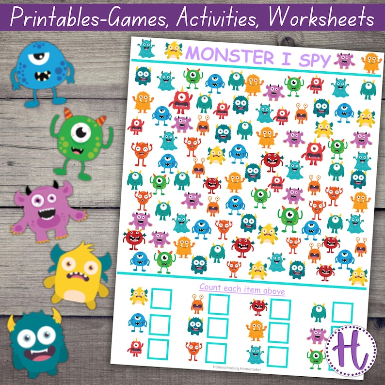 Monster I Spy, Printable Games, Graphing Activity for Kids, I Spy Game ...