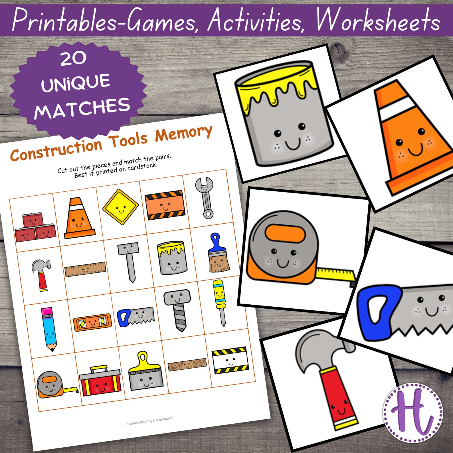 Construction Tools Memory Game for Kids, Kindergarten, Preschool ...