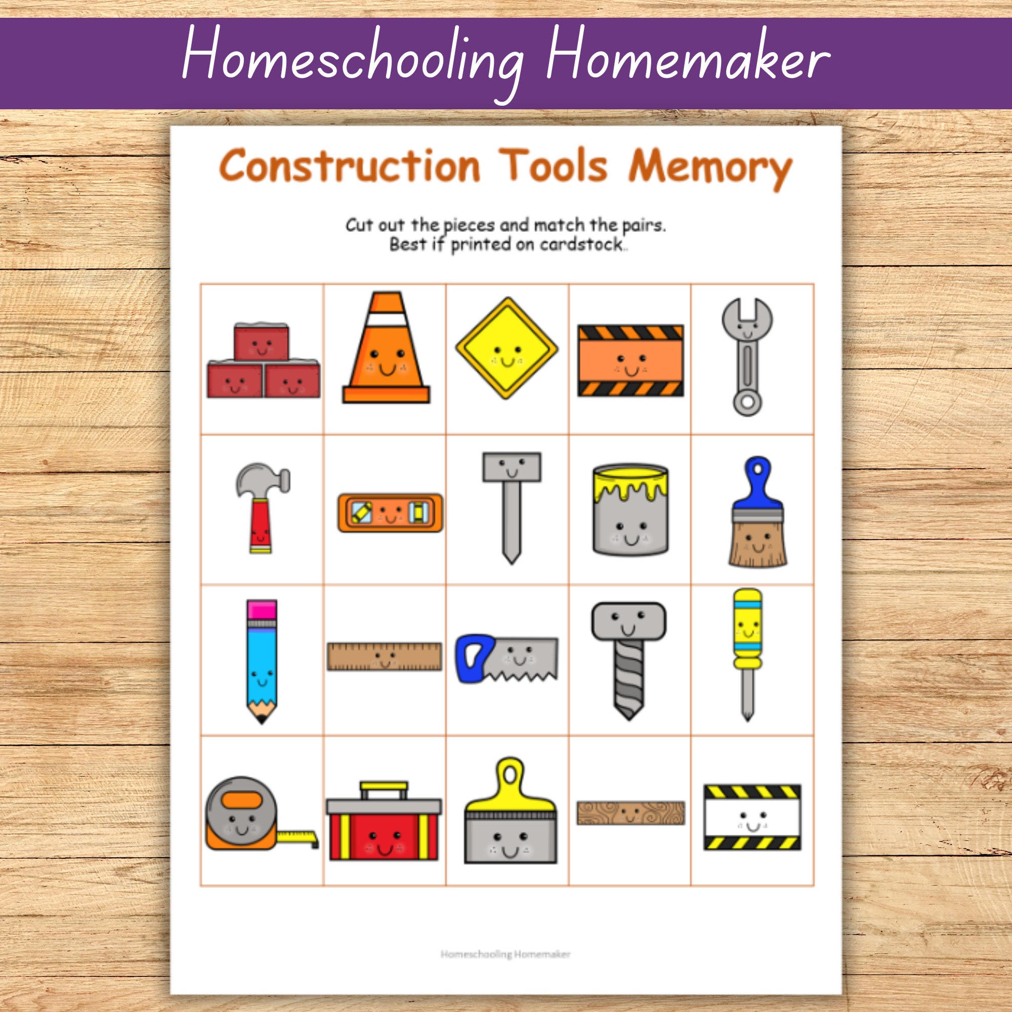 Construction Tools Memory Game for Kids, Kindergarten, Preschool ...